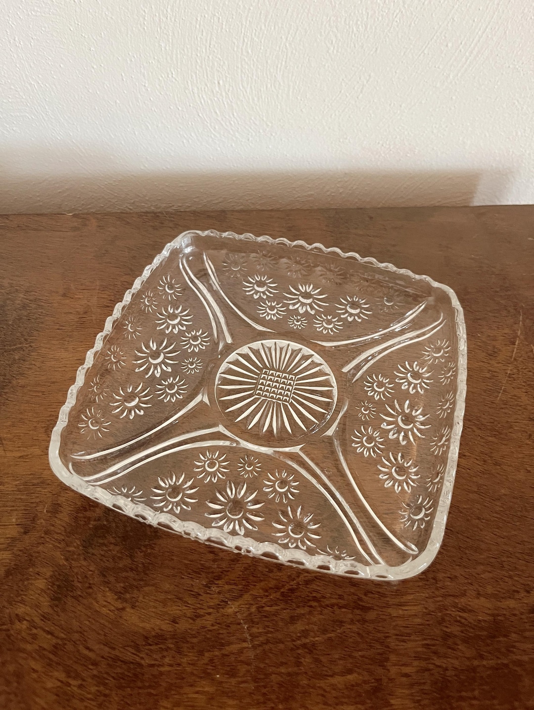 Vintage Square Floral Cut Glass Dish- Midcentury Servingware - Etsy
