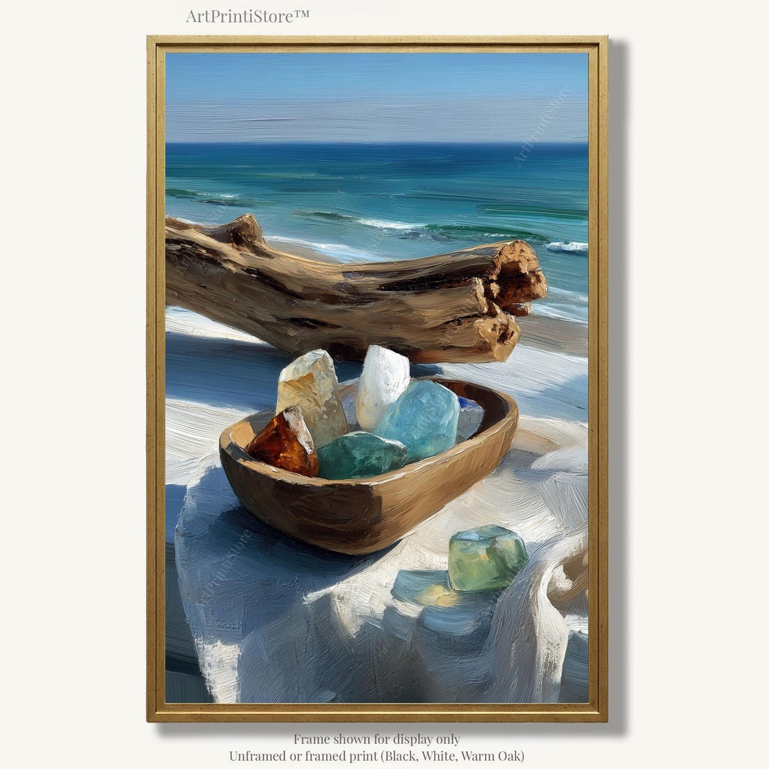 Sea Glass Wall Art Print Oil Painting Coastal Still Life Driftwood ...