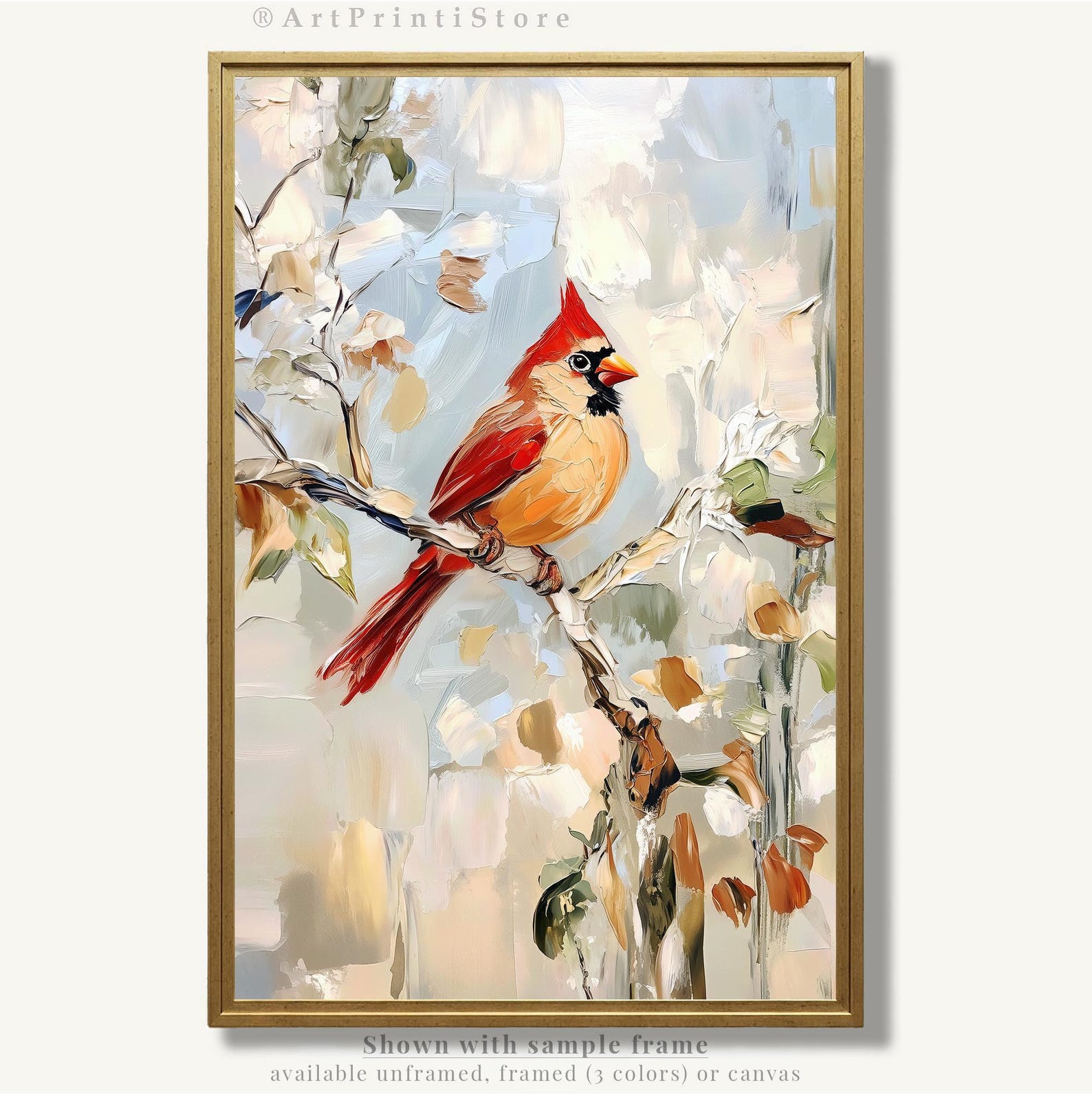 Cardinal Art Print Red Bird Oil Painting Wildlife Poster Nature Artwork ...