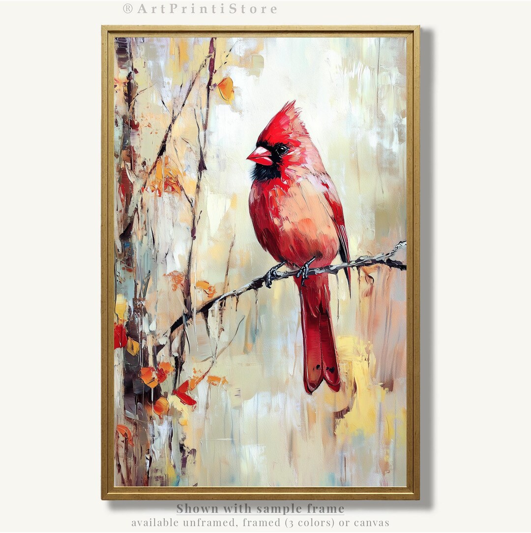 Cardinal Art Print Red Bird Oil Painting Autumn Branch Poster Nature ...