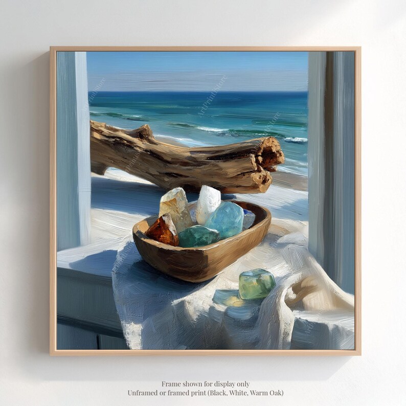 Sea Glass Wall Art Print Oil Painting Coastal Still Life Driftwood ...