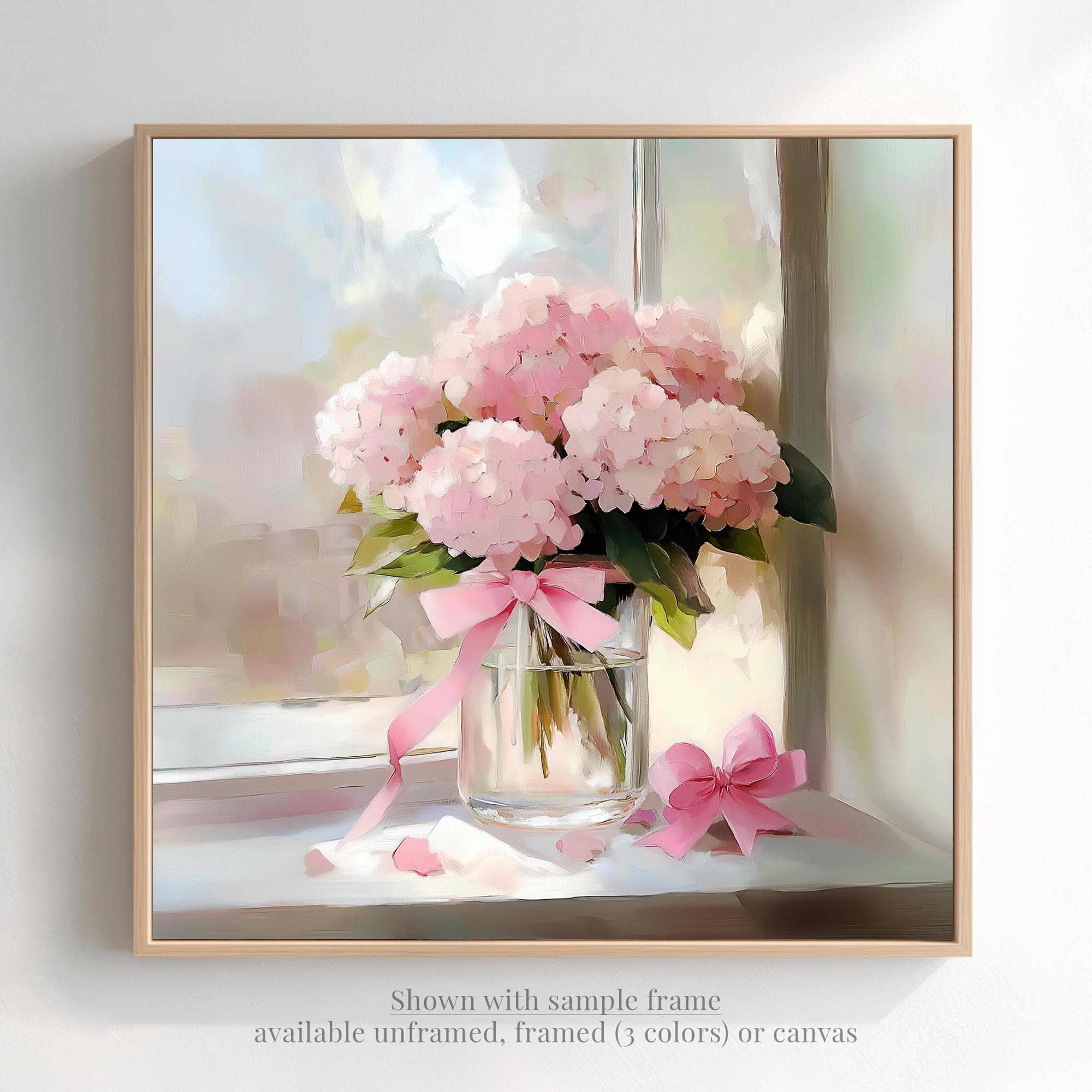 Hydrangea With Pink Bow Art Print Floral Oil Painting Flower Bouquet ...