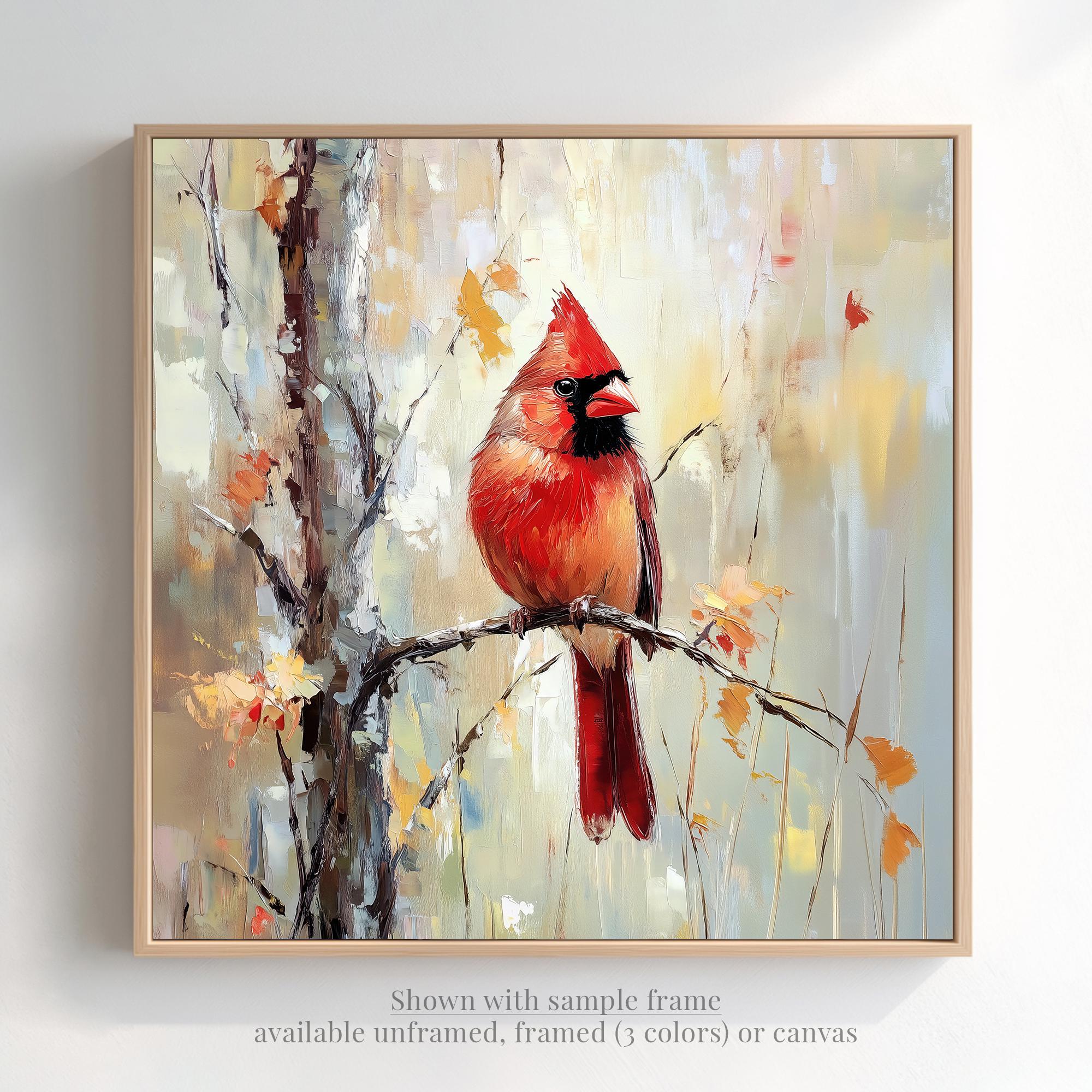 Cardinal Art Print Red Bird Oil Painting Woodland Nature Poster Fall ...