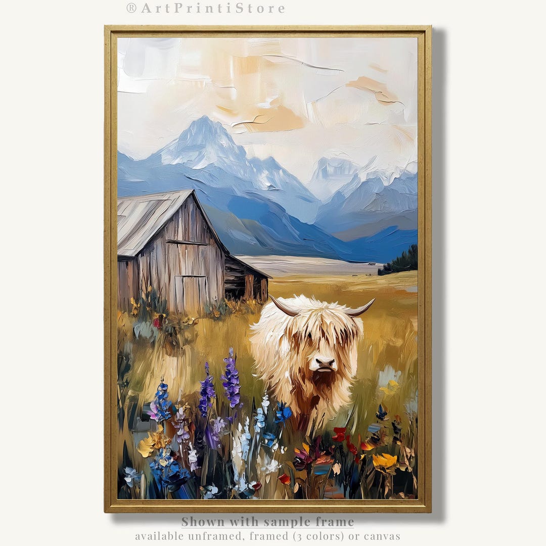 Highland Cow Art Print Rustic Animal Oil Painting Rural Landscape ...