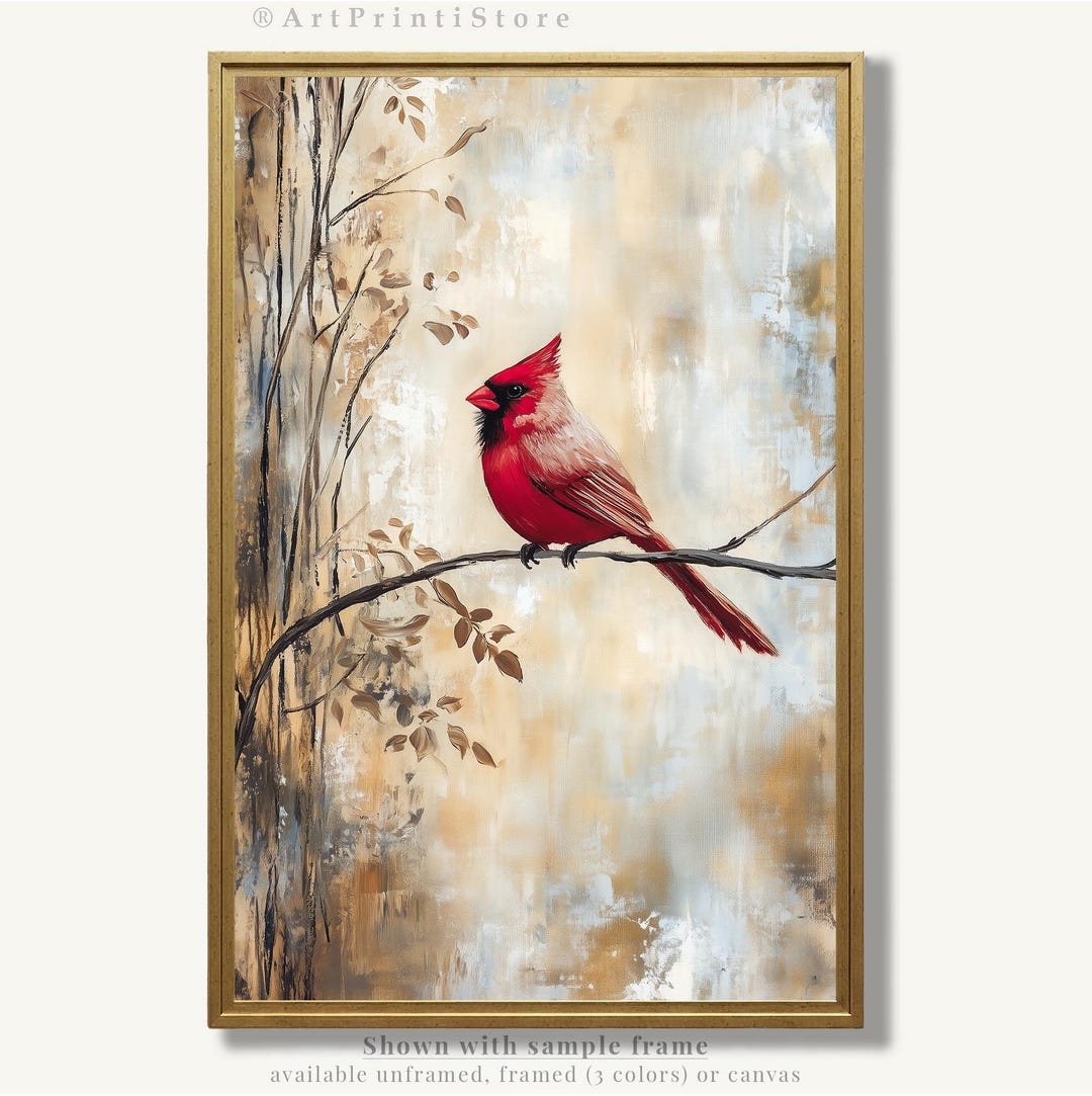 Cardinal Art Print Red Bird Oil Painting Nature Wildlife Poster ...