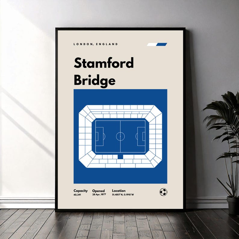 Chelsea Football Poster, Stamford Bridge Stadium Print, Mid Century ...