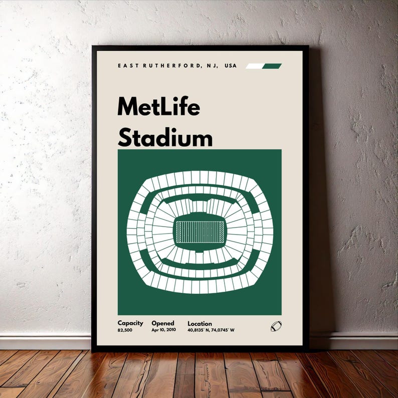 New York Jets Poster, NY Metlife Stadium Print, Mid Century Modern ...