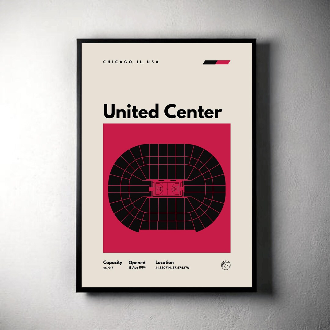 Chicago Bulls Poster, United Center Stadium Print, Mid Century Modern ...