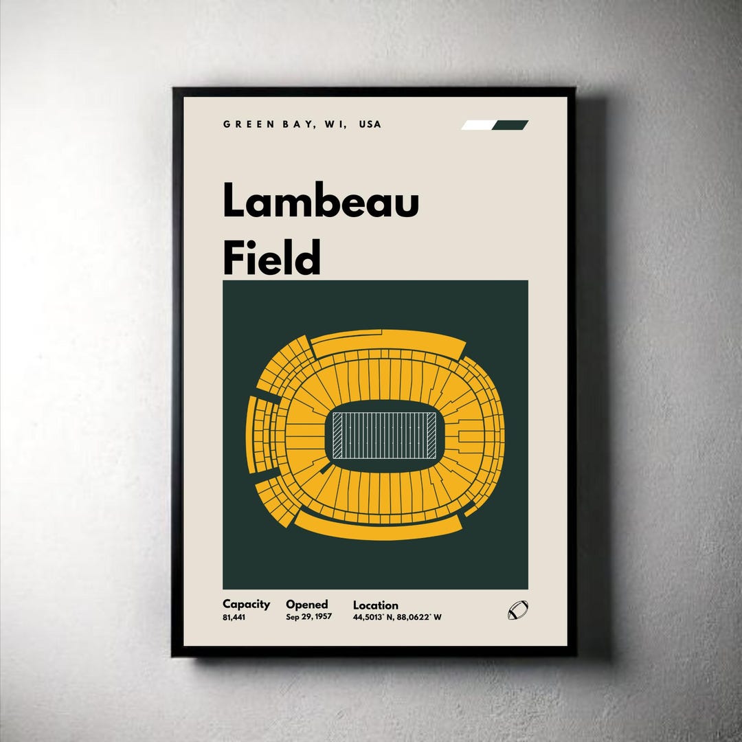 Green Bay Packers Poster, Lambeau Field Stadium Print, Mid Century ...