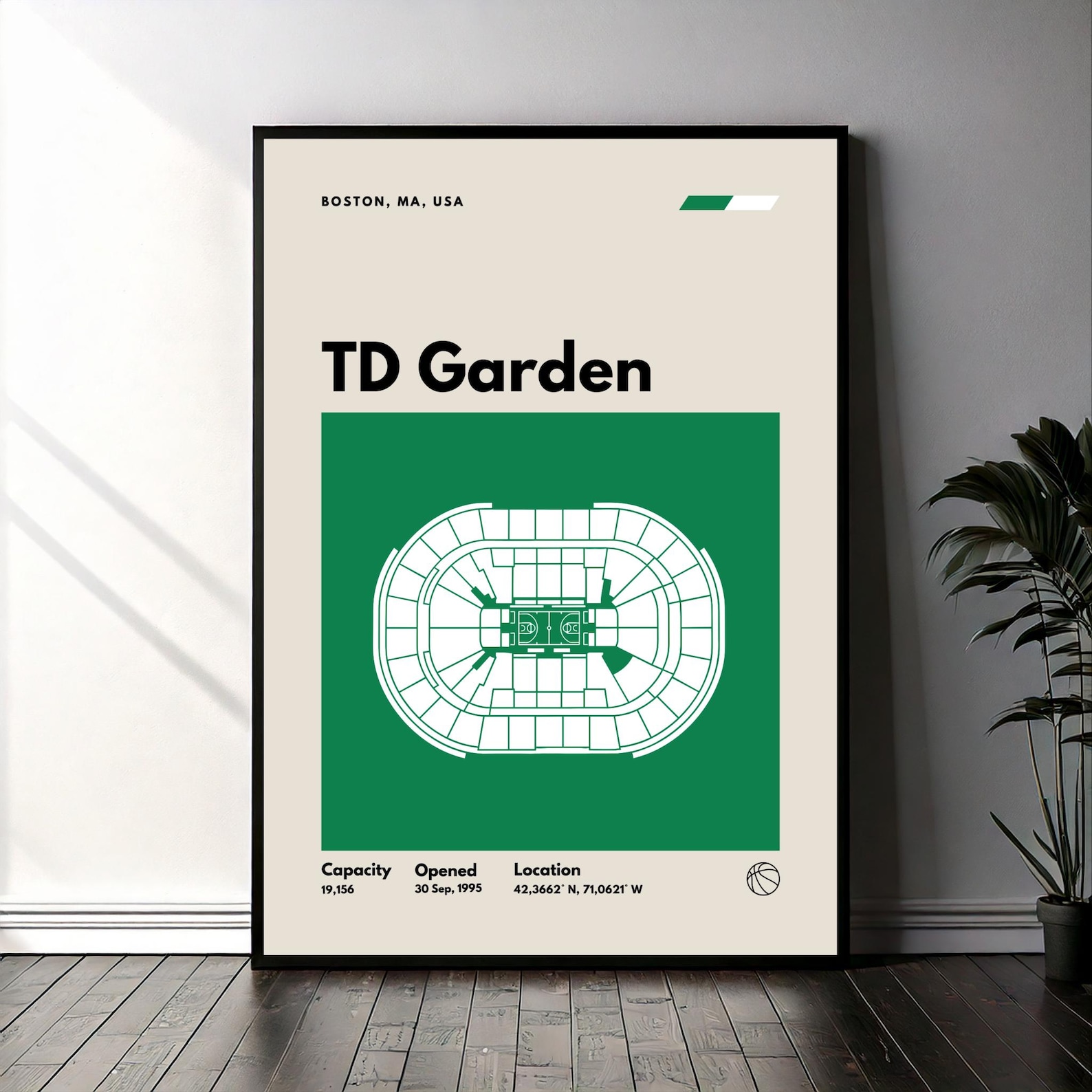 Boston Celtics Poster, TD Garden Stadium Print, Mid Century Modern ...
