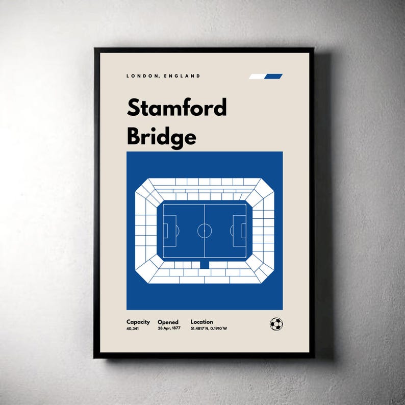 Chelsea Football Poster, Stamford Bridge Stadium Print, Mid Century ...