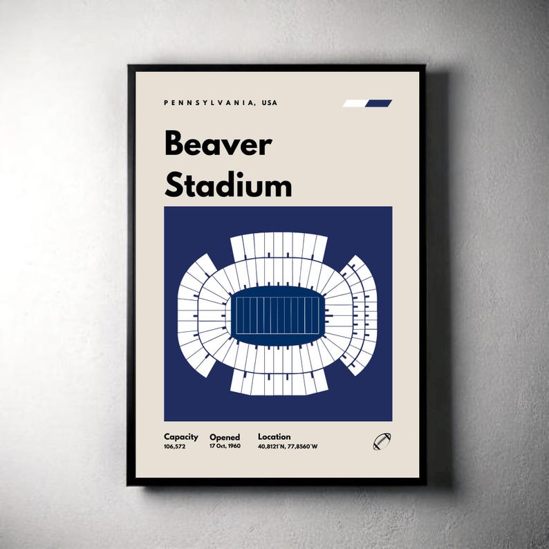 Beaver Stadium Poster, Penn State Football Stadium Print, Mid Century ...