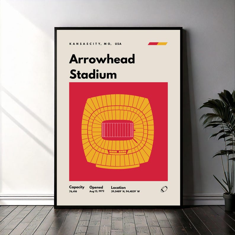 Kansas City Chiefs Poster, Arrowhead Stadium Print, Mid Century Modern ...