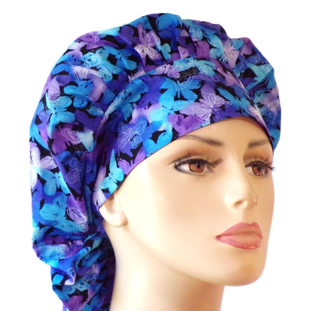 Bouffant Scrub Hat-purple and Blue Butterflies-scrub Caps-surgical Cap ...