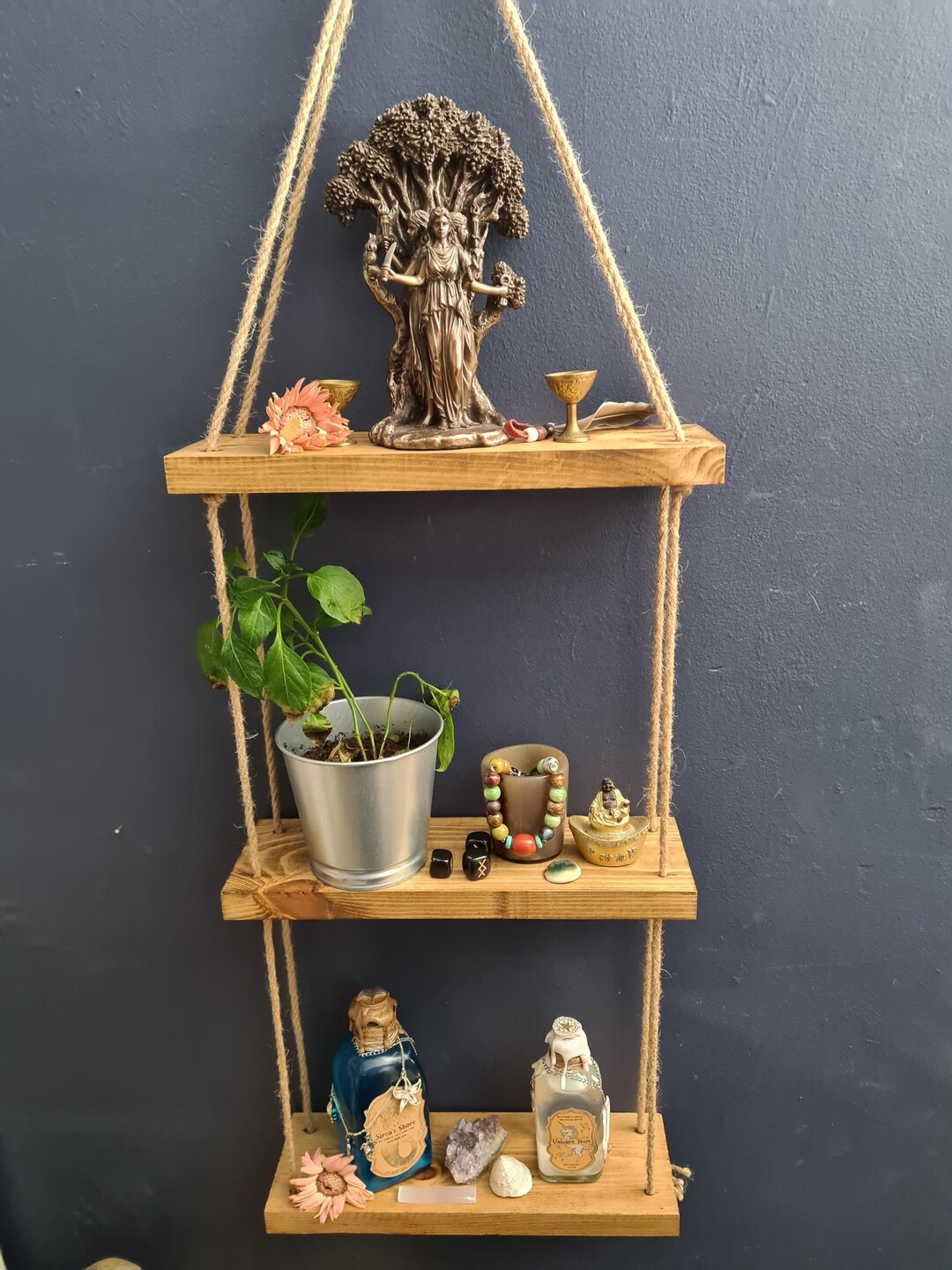 3 Tier Small Hanging Shelf, Roped Shelf Cord Shelf, Pine Shelf, Solid ...