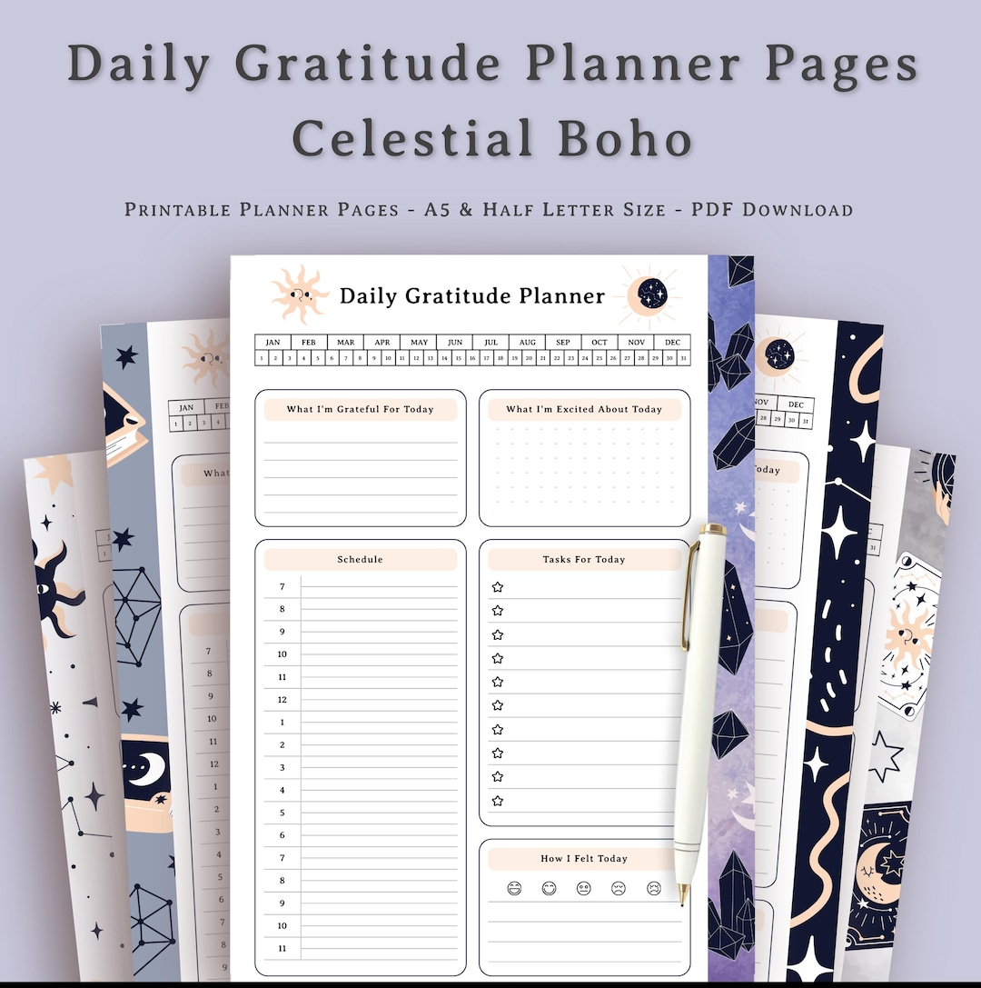 Printable Daily Gratitude Planner Pages | 20 Celestial Boho Designs ...