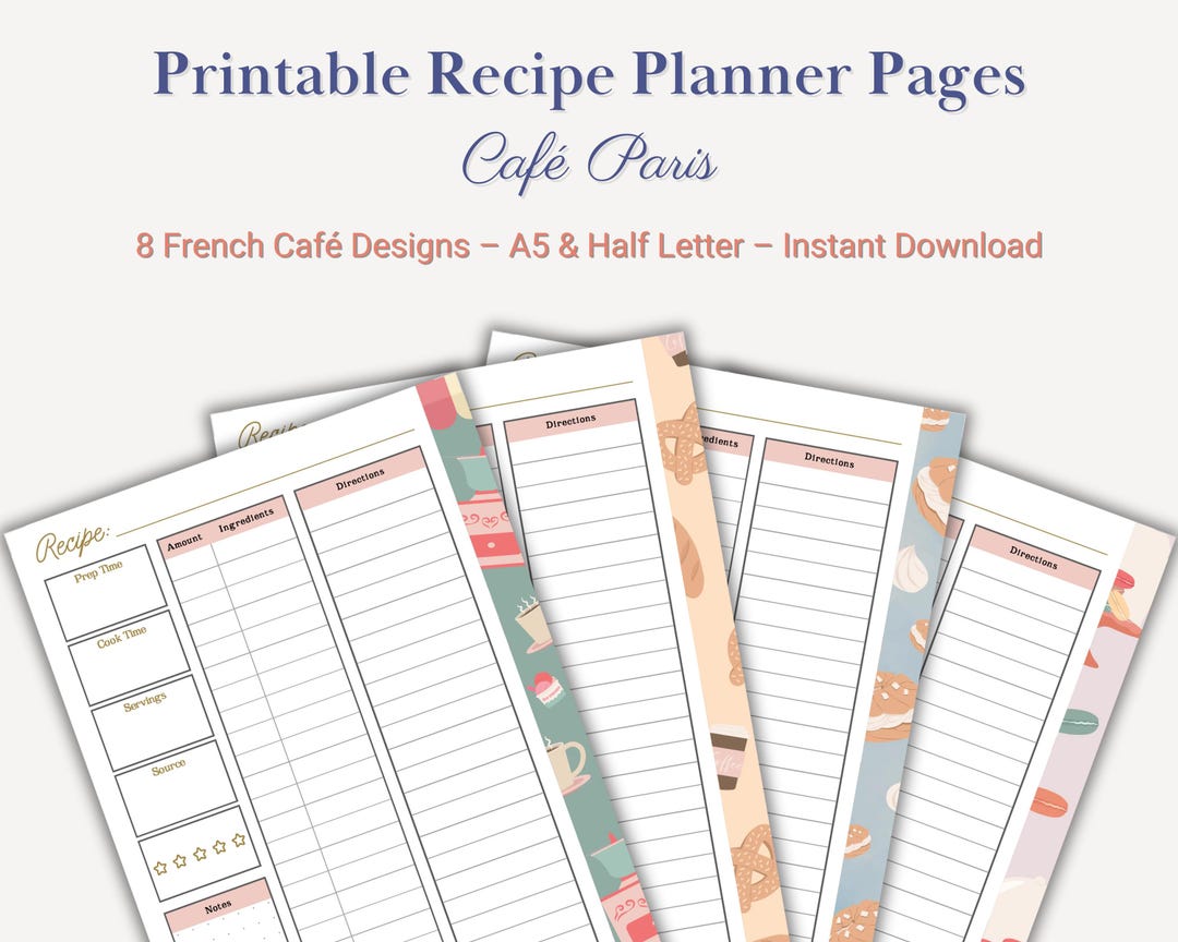 Printable Parisian Café Recipe Planner Pages | 6 Cute French Café ...