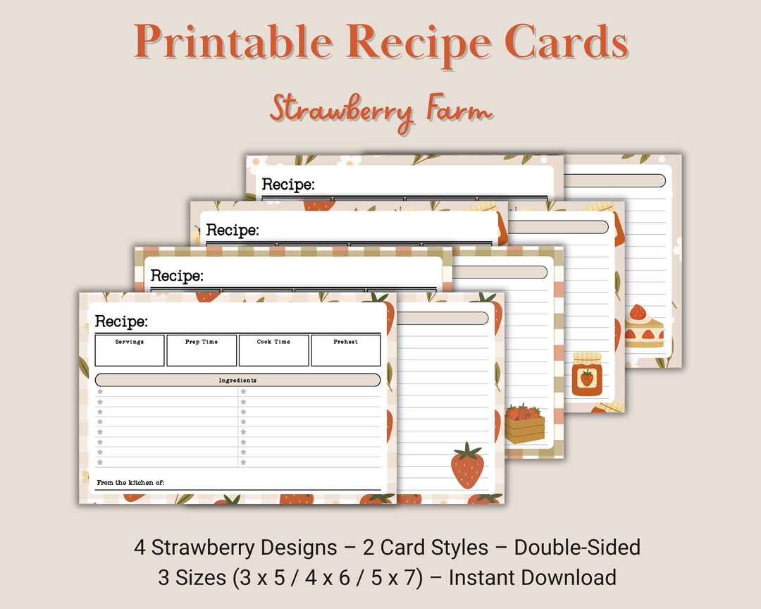 Printable Strawberry Farm Recipe Cards | 4 Strawberry Designs | Instant ...