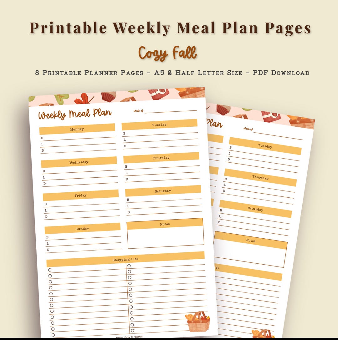 Printable Cozy Fall Weekly Meal Plan Pages | 8 Cozy Autumn Weekly Meal ...