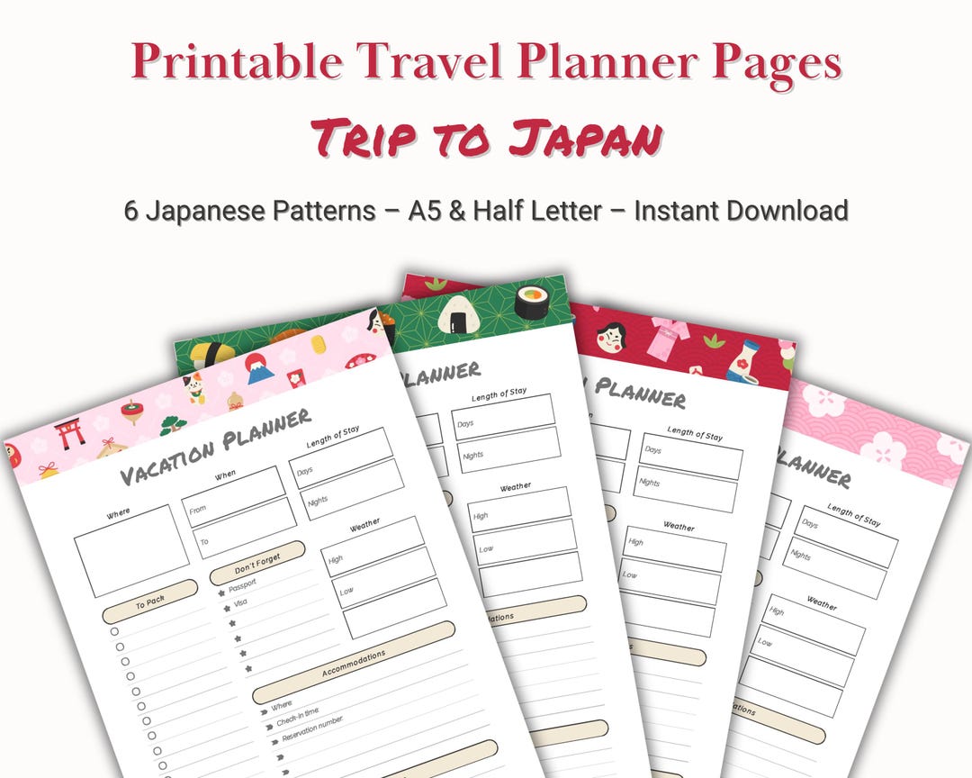 Printable Trip to Japan Travel Planner Pages | 6 Cute Japanese Vacation ...