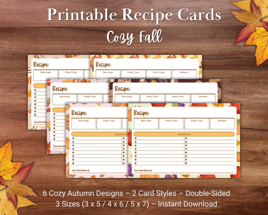 Printable Cozy Fall Recipe Cards | 6 Cozy Autumn Designs | Instant ...