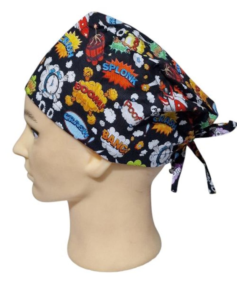 Tie-back Boom! Crash! Wham! Snap! Cartoon Scrub Hat for Anaesthetist ...
