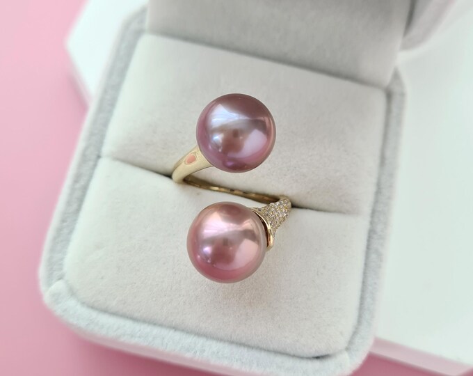Double Freshwater Edison Pearl Ring Dual Pearl Gold Purple Pearl Ring ...