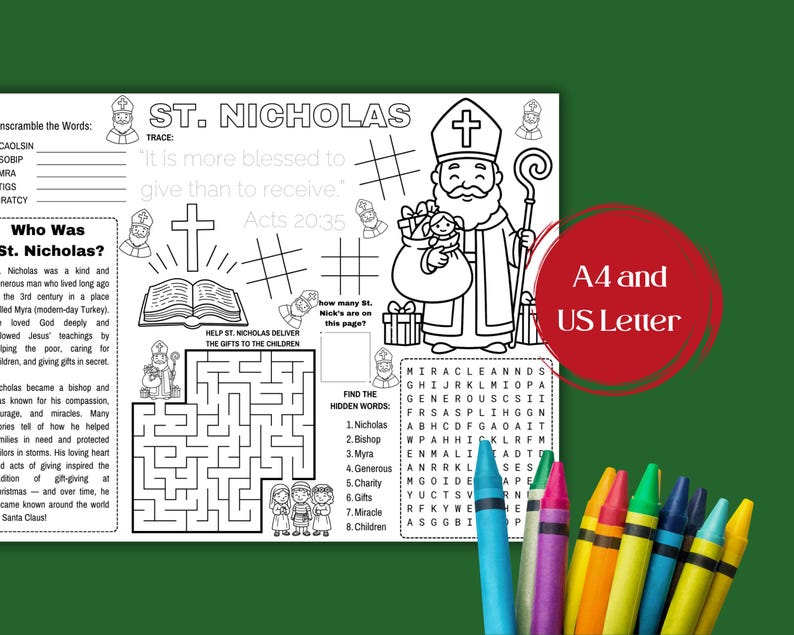 Saint Nicholas Christmas Activity Placemat for Kids St Nick Coloring ...