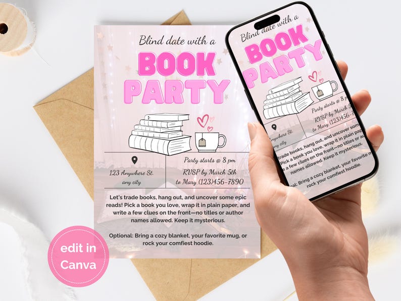 Blind Date With a Book Party Invitation Canva Template for a Book Party ...