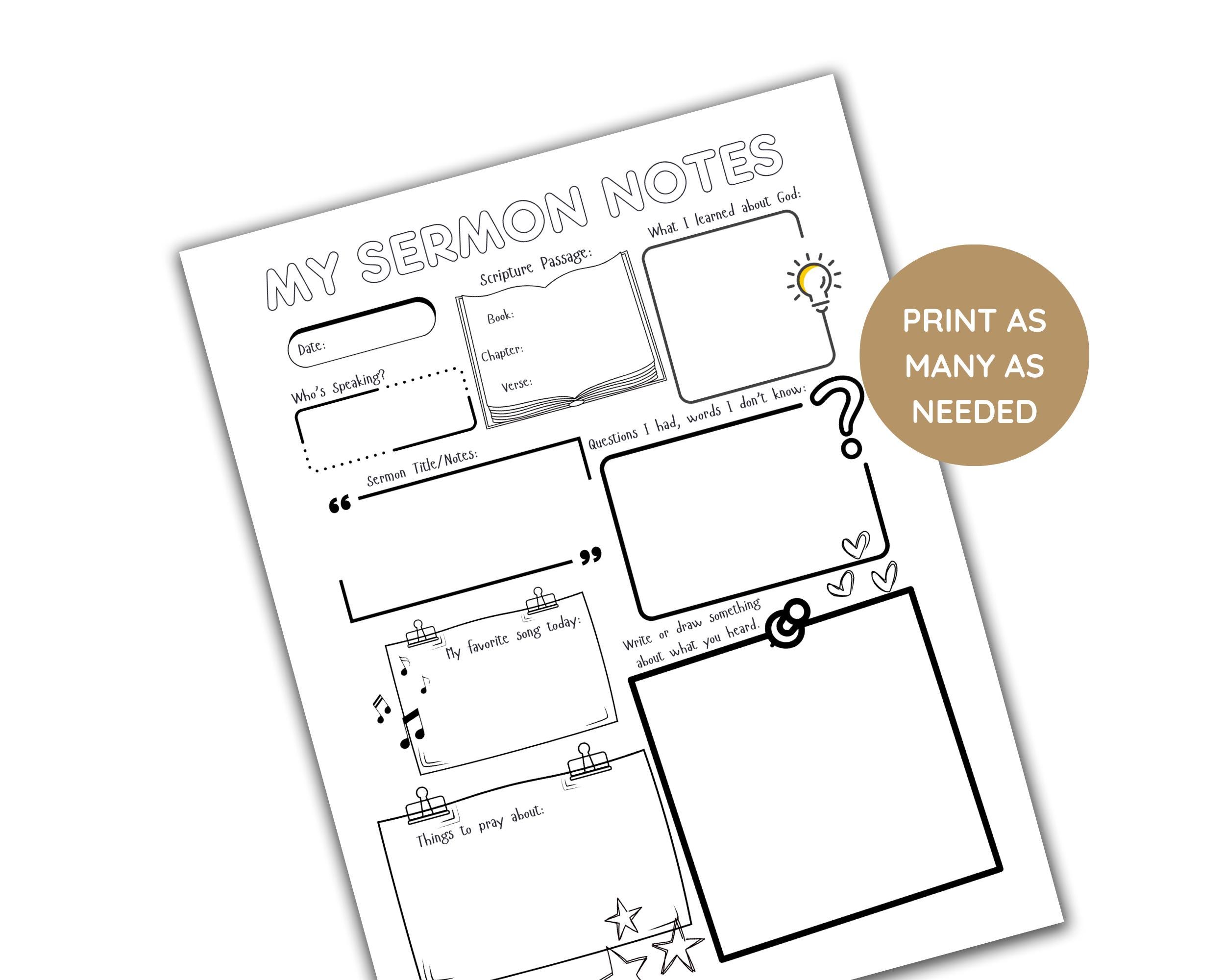 Sermon Notes for Kids Weekly Bible Note Taking Template for Sunday ...