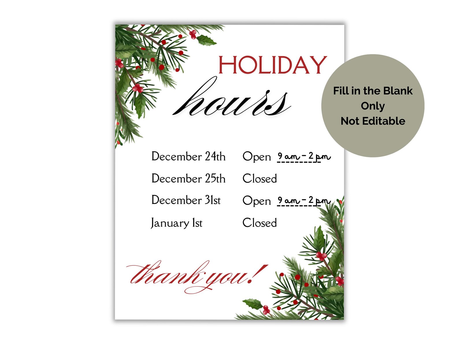 Printable Business Hours Sign Holiday Hours Notice Corporate Holiday ...