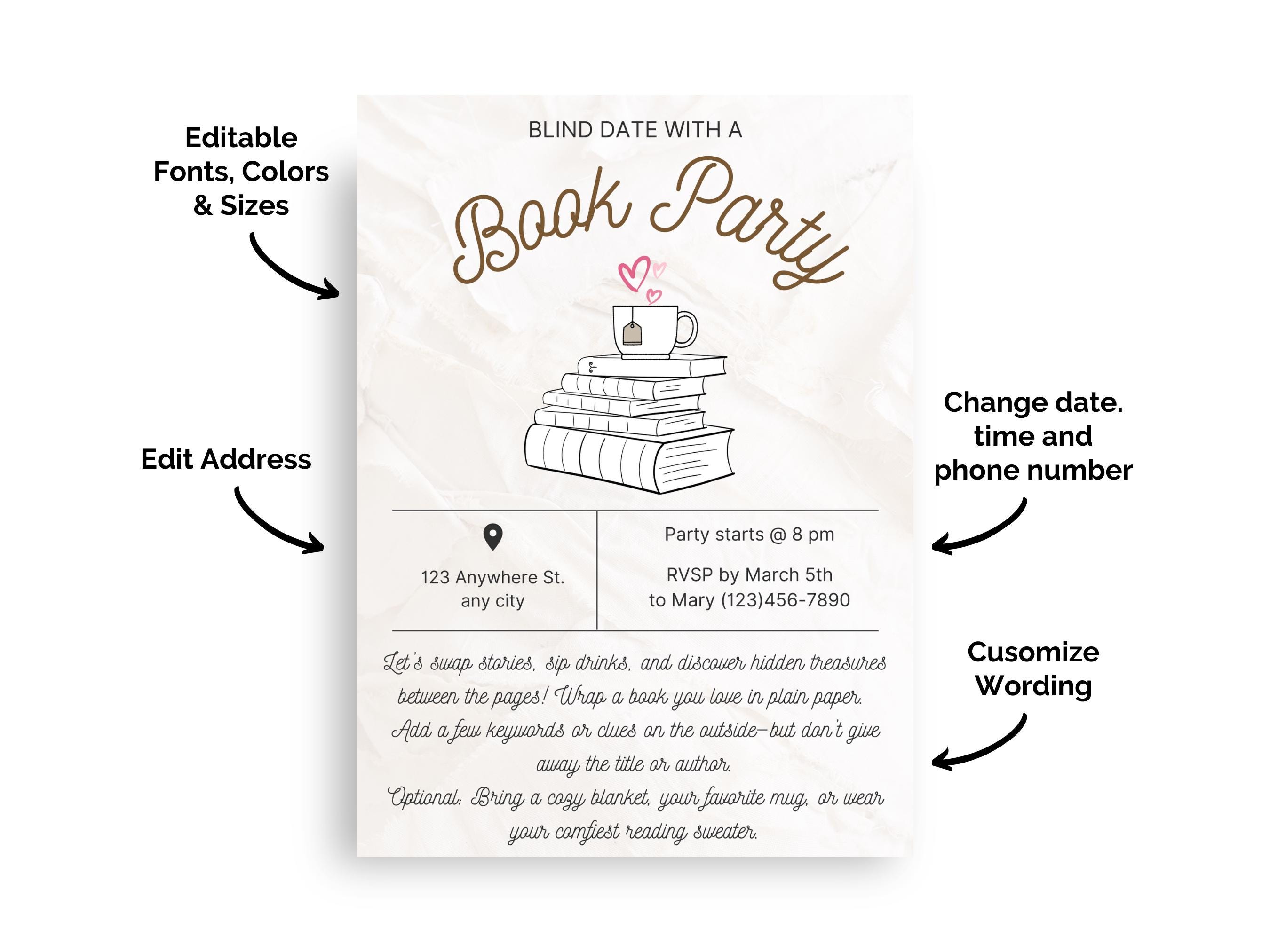 Blind Date With a Book Party Invitation Canva Template for a Book Party ...