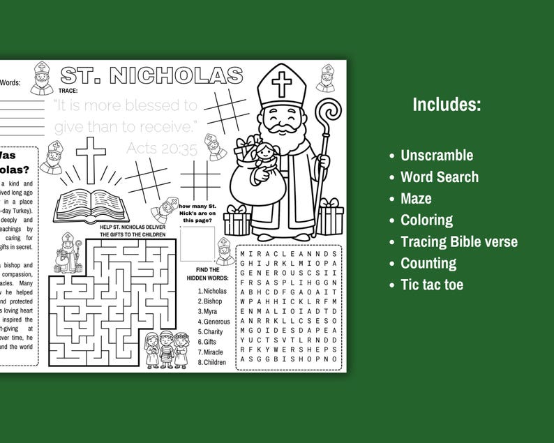 Saint Nicholas Christmas Activity Placemat for Kids St Nick Coloring ...