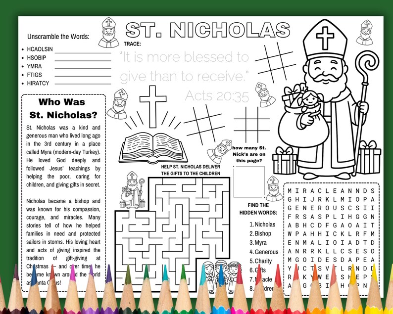 Saint Nicholas Christmas Activity Placemat for Kids St Nick Coloring ...