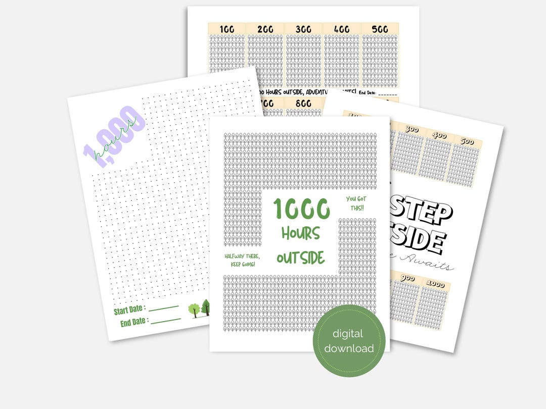 1000 Hours Outside Tracker Outdoor Activity Log Hourly Habit Challenge ...