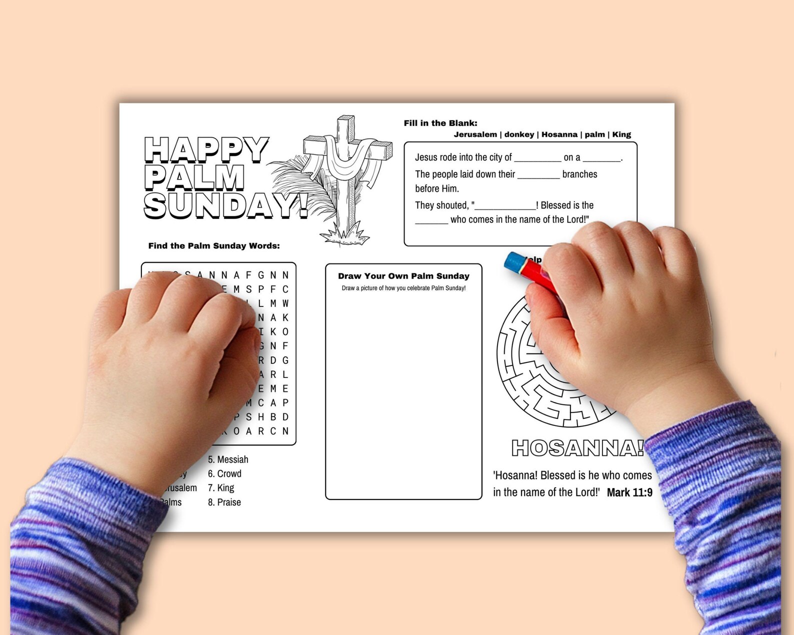 Easter Bible Activity Placemat Coloring Page for Palm Sunday Kids ...