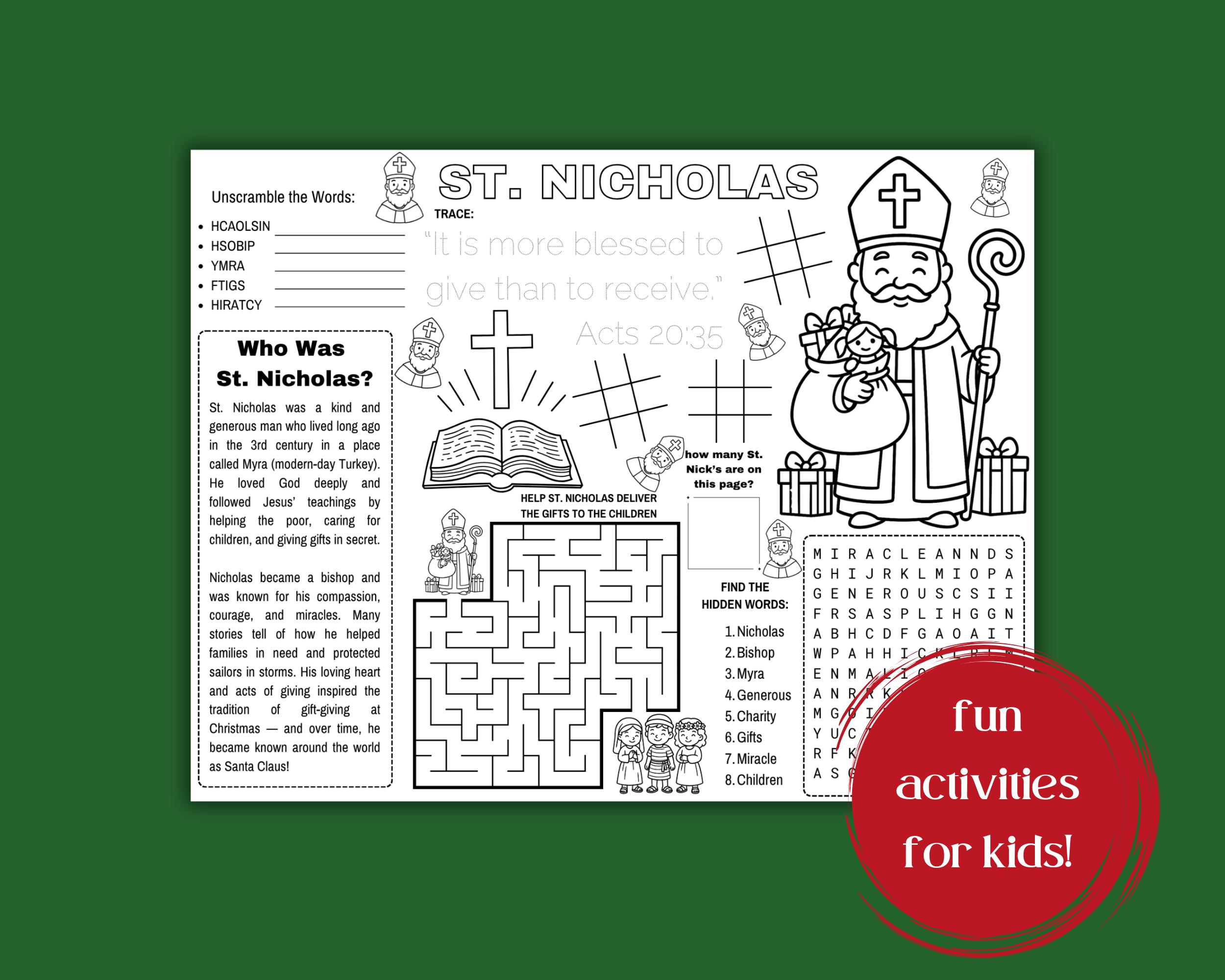 Saint Nicholas Christmas Activity Placemat for Kids St Nick Coloring ...