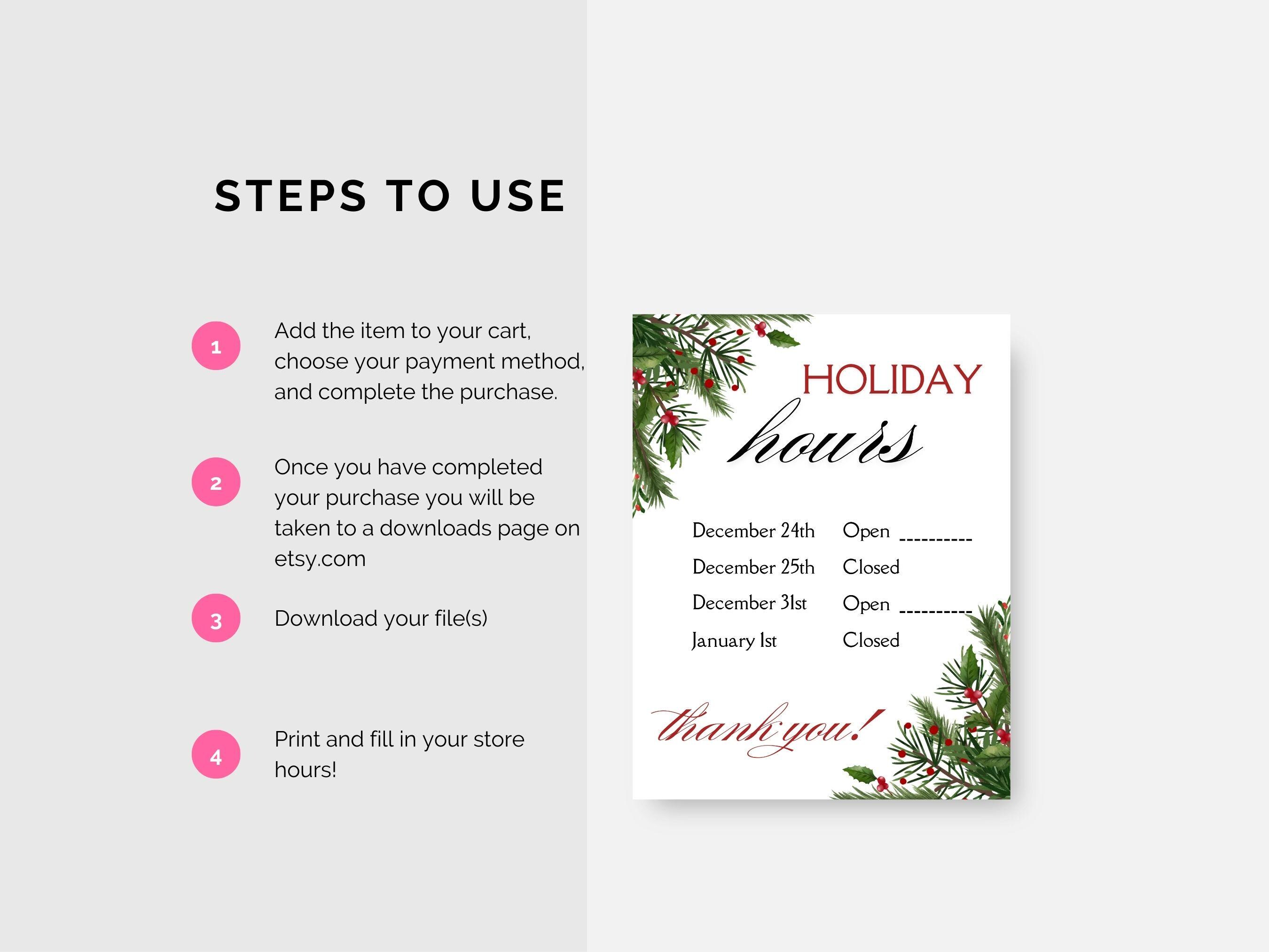 Printable Business Hours Sign Holiday Hours Notice Corporate Holiday ...