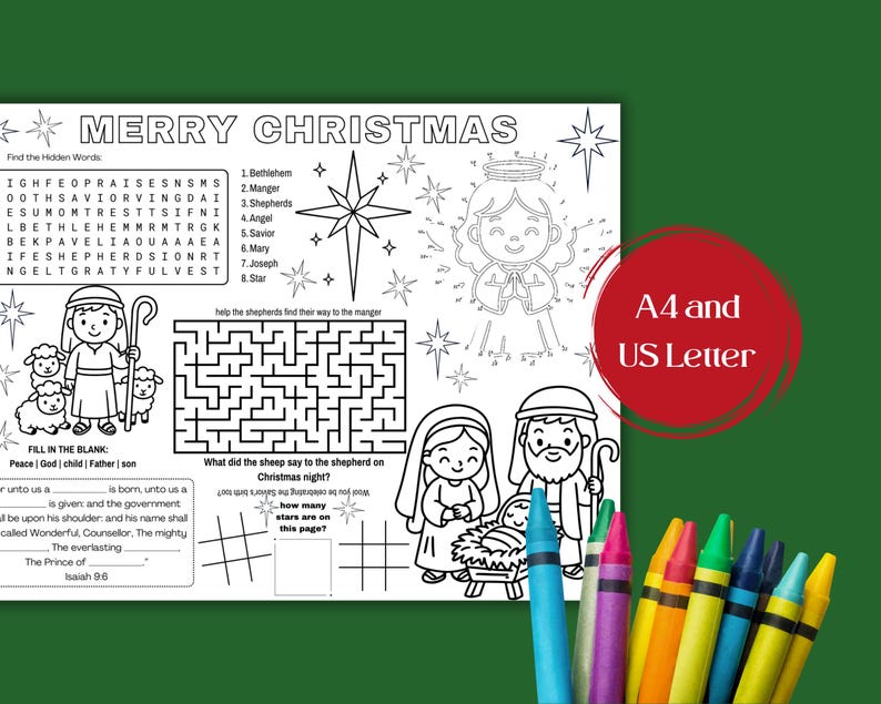 Christian Christmas Activity Placemat for Kids Nativity Coloring Page ...