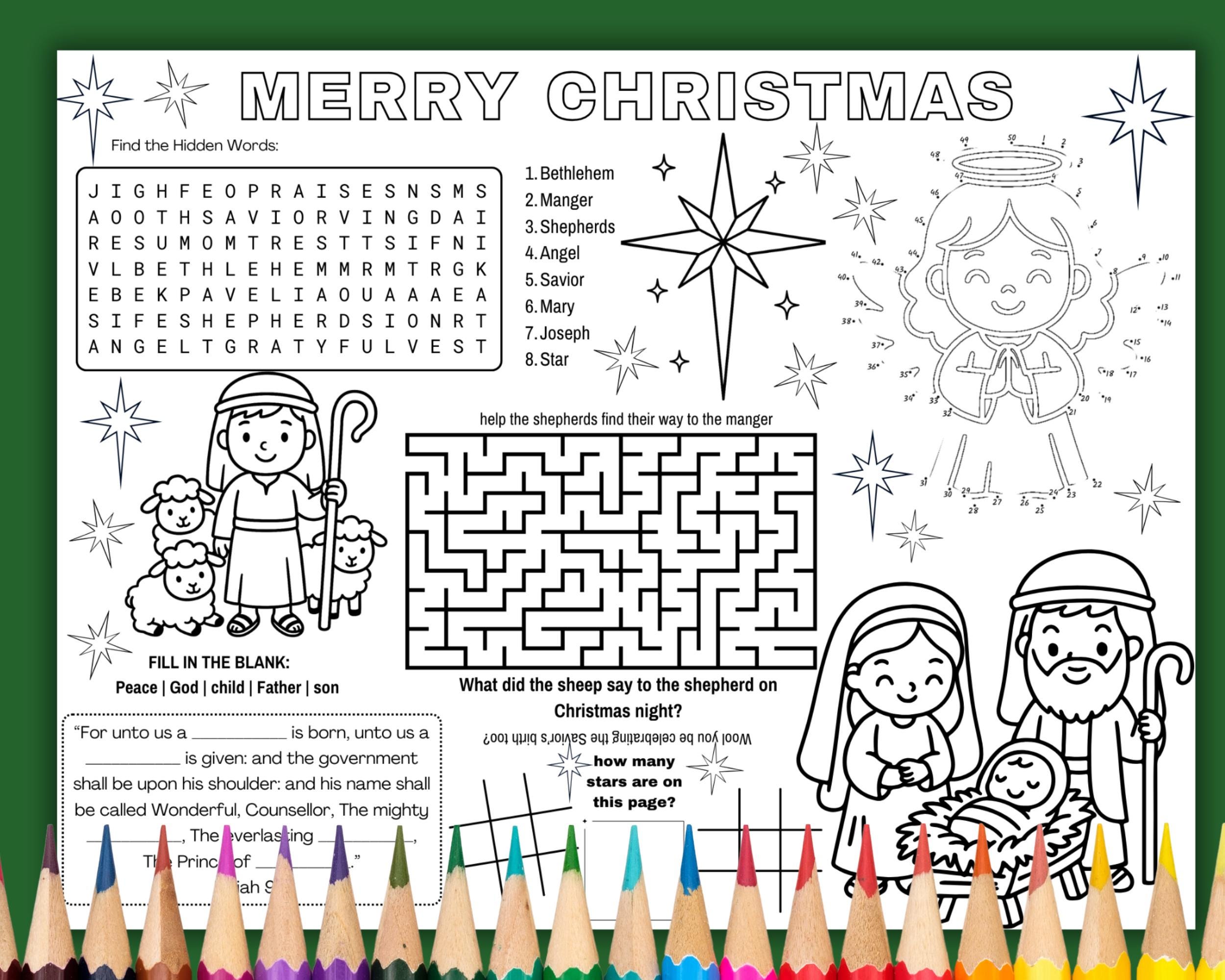Christian Christmas Activity Placemat for Kids Nativity Coloring Page ...