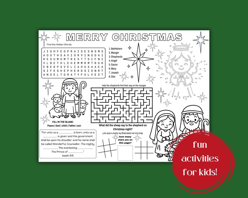 Christian Christmas Activity Placemat for Kids Nativity Coloring Page ...