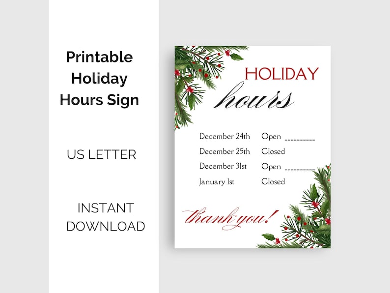 Printable Business Hours Sign Holiday Hours Notice Corporate Holiday ...