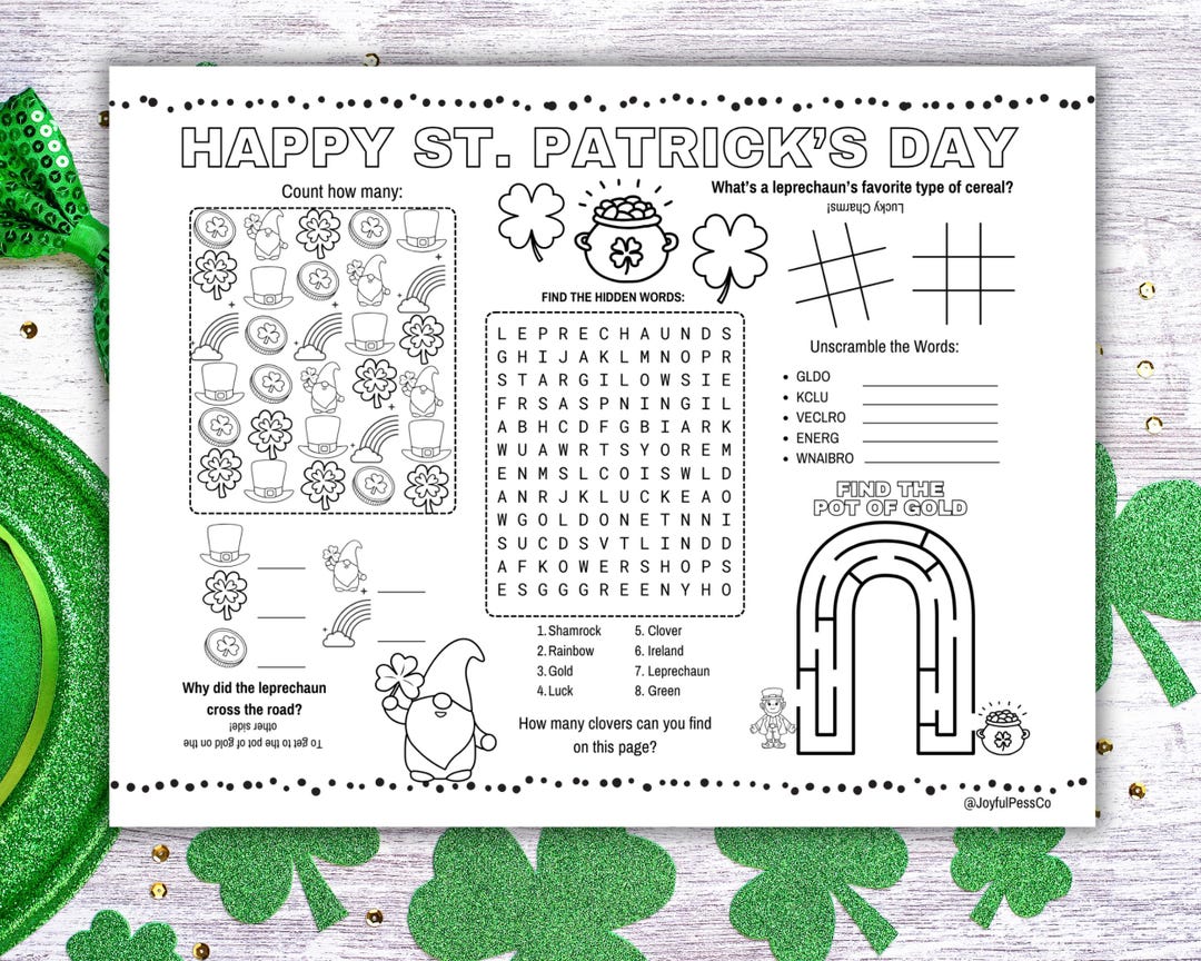 St Patricks Day Activity Placemat for School St Pattys Day Printable ...