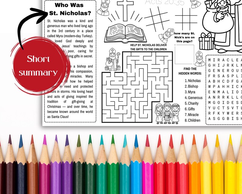 Saint Nicholas Christmas Activity Placemat for Kids St Nick Coloring ...