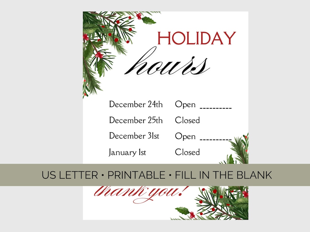 Printable Business Hours Sign Holiday Hours Notice Corporate Holiday ...