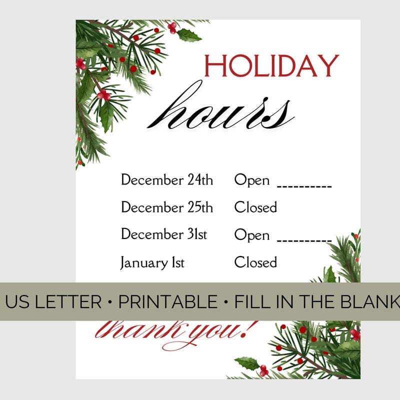Holiday Hours Sign - Etsy