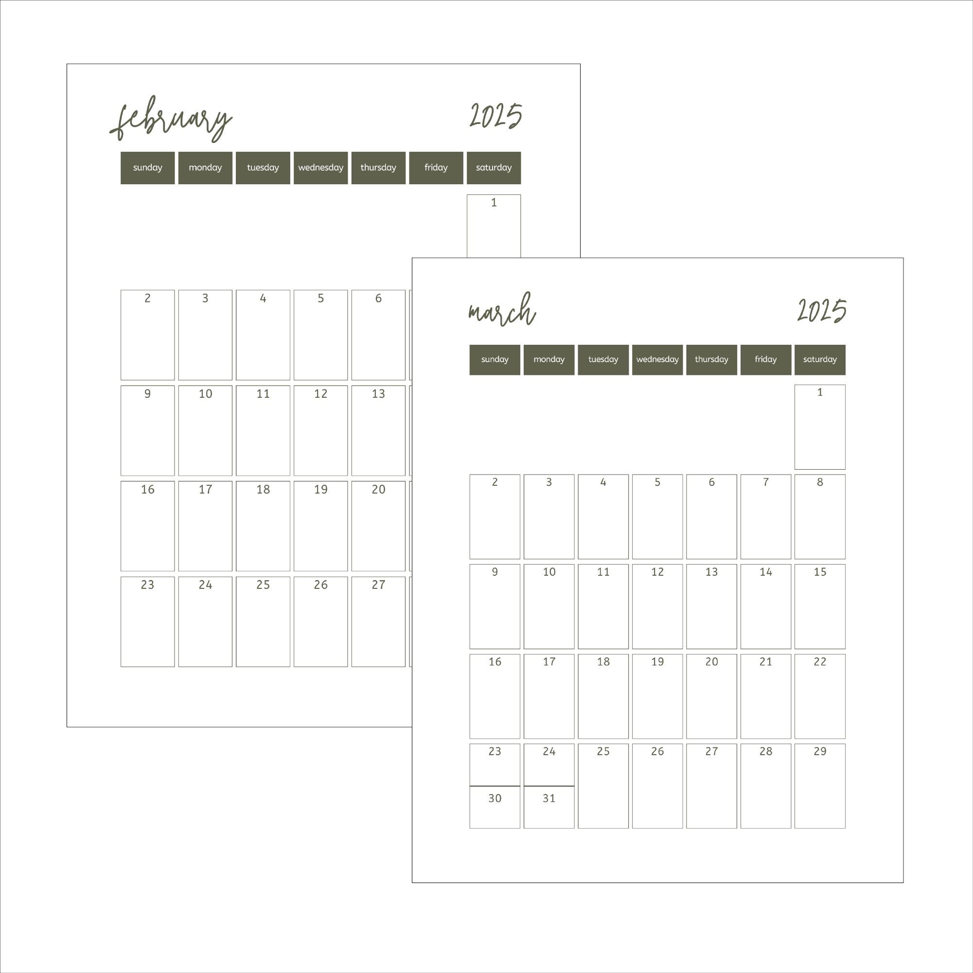 Blank Printable 2025 12mo. Calendar | Leafy Vista - Etsy