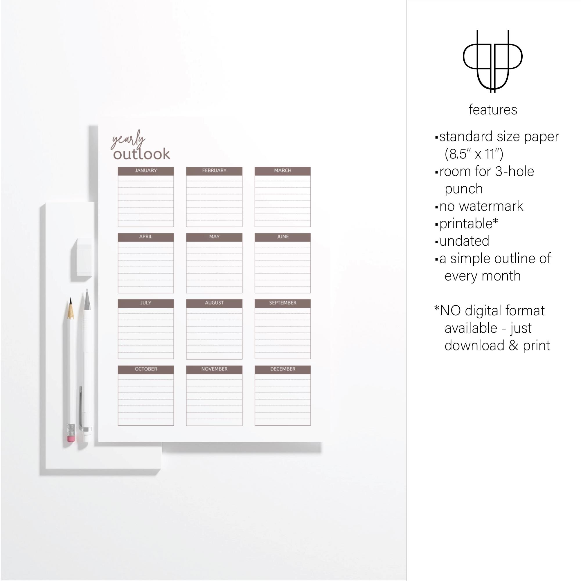 Blank Printable Yearly Outlook Planner Page | Dusty Path - Etsy