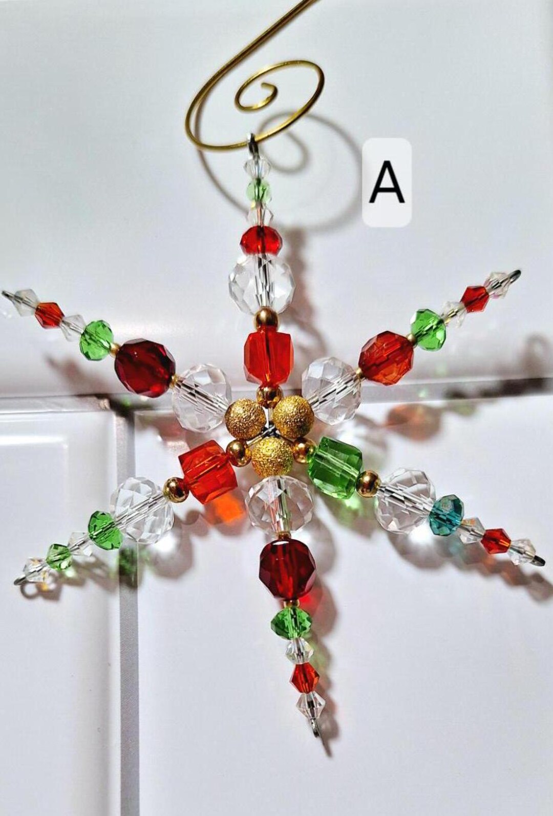 Red and Green Snowflake Ornaments, One of a Kind, Handcrafted. Silver ...