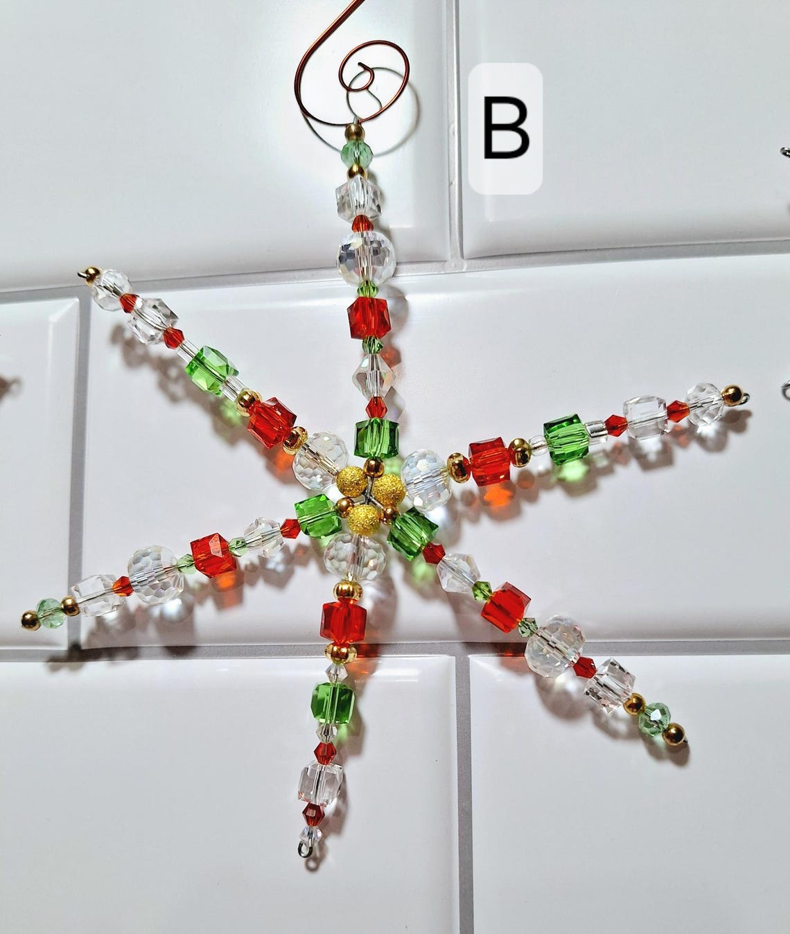 Red and Green Snowflake Ornaments, One of a Kind, Handcrafted. Silver ...
